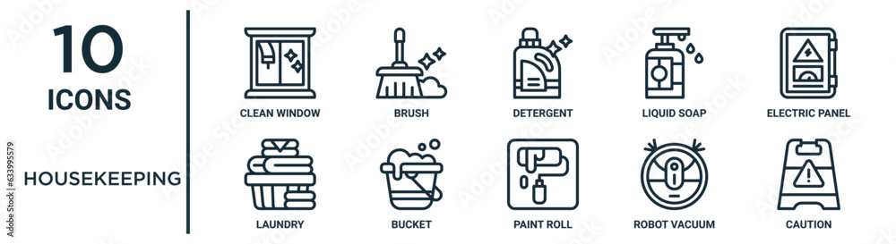 housekeeping outline icon set such as thin line clean window, detergent ...