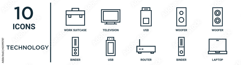 technology outline icon set such as thin line work suitcase, usb ...