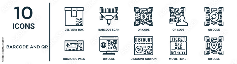 barcode and qr outline icon set such as thin line delivery box, qr code ...