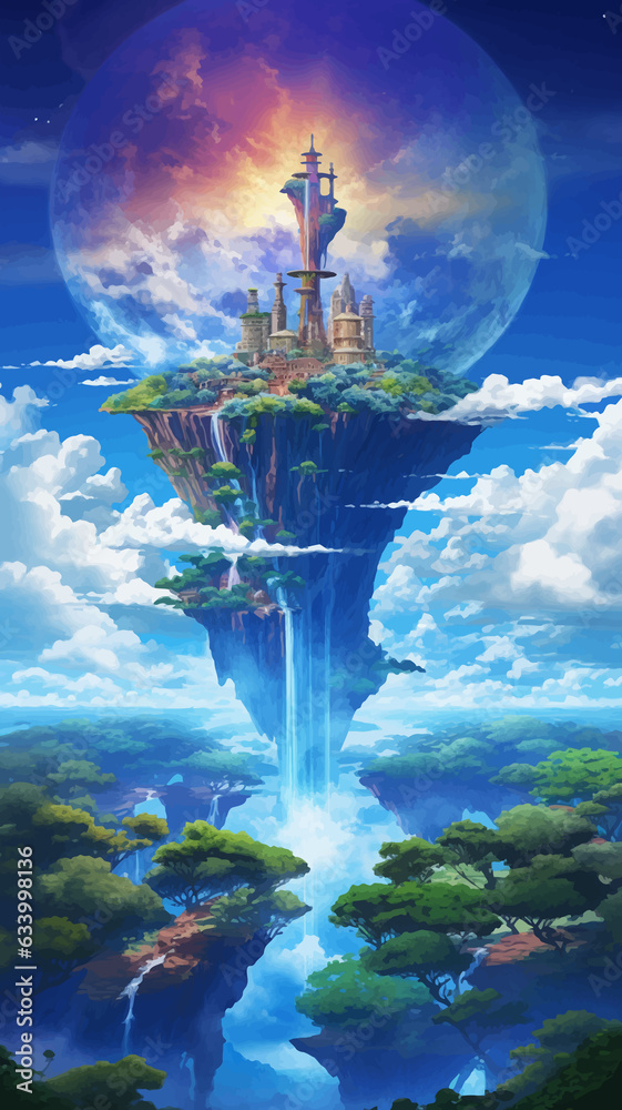 Fantasy island floating in the blue sky. City in the clouds. Temple on ...