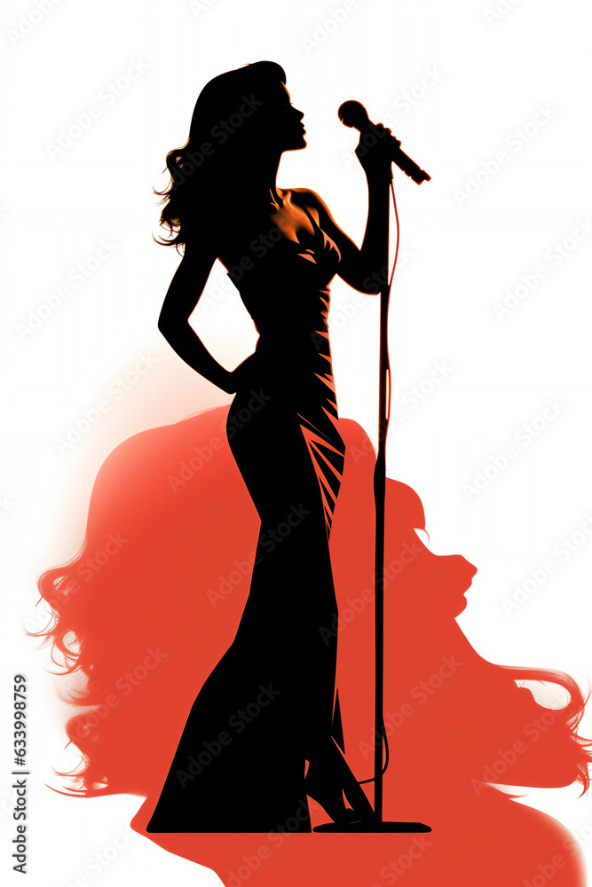 Silhouette of a female diva vocalist singing with a microphone which is ...