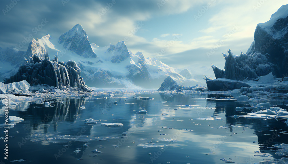 Recreation of a cold arctic landscape from a glacier. Illustration AI ...