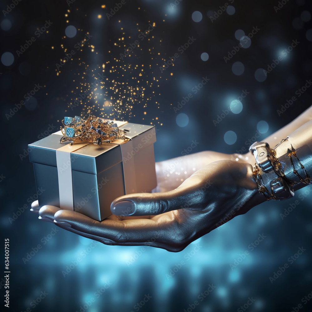 The robot holding gift boxes, Gifts of science and technology ...