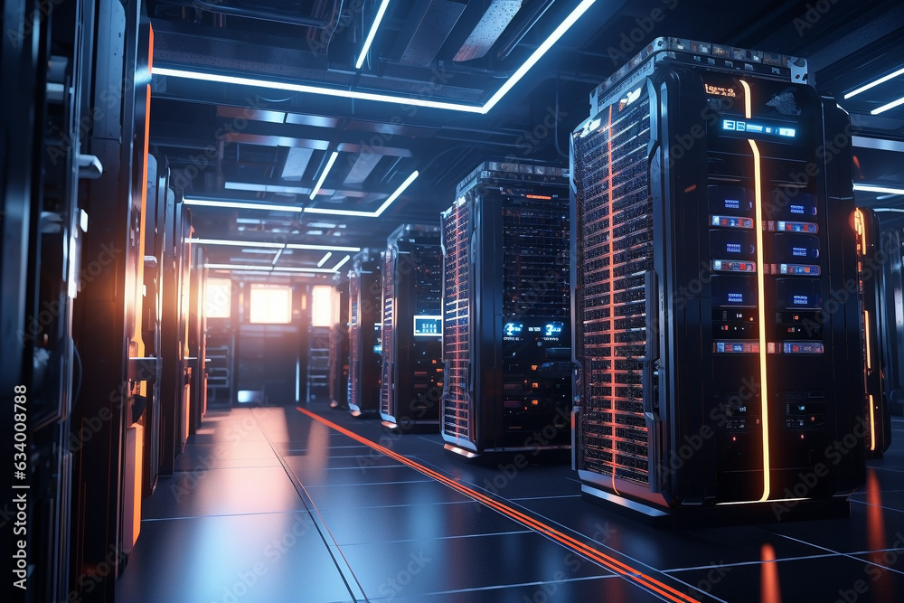 A server room with dynamic wide-angle views of servers in operation ...