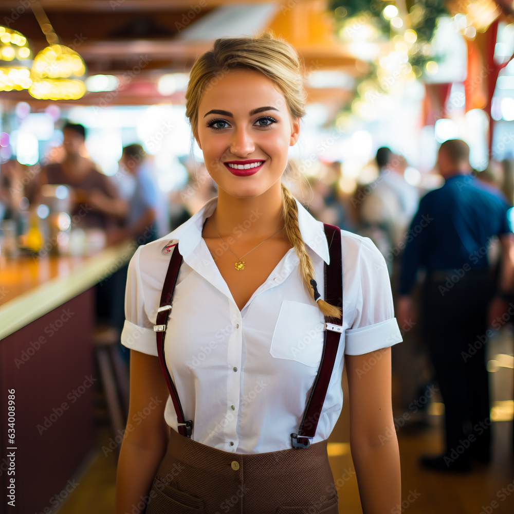 Beautiful Oktoberfest waitress, wearing a traditional Bavarian dress ...