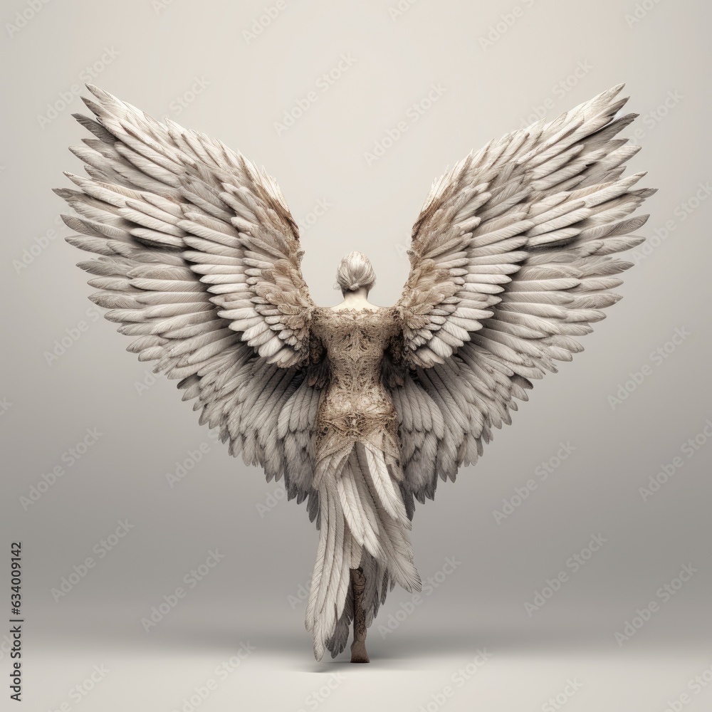 Statue of an angel with large wings, rear view. Beautiful angel with wings realistic 3d ...