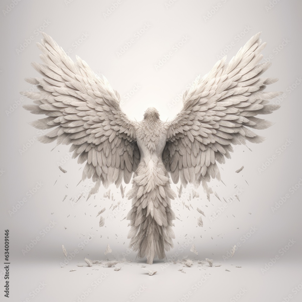 Statue of an angel with large wings, rear view. Beautiful angel with ...