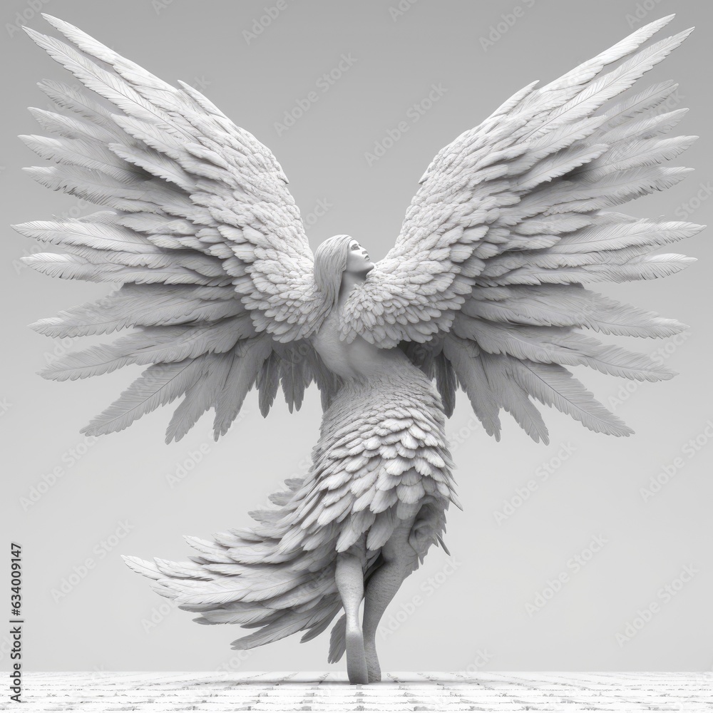 Statue of an angel with large wings, rear view. Beautiful angel with ...