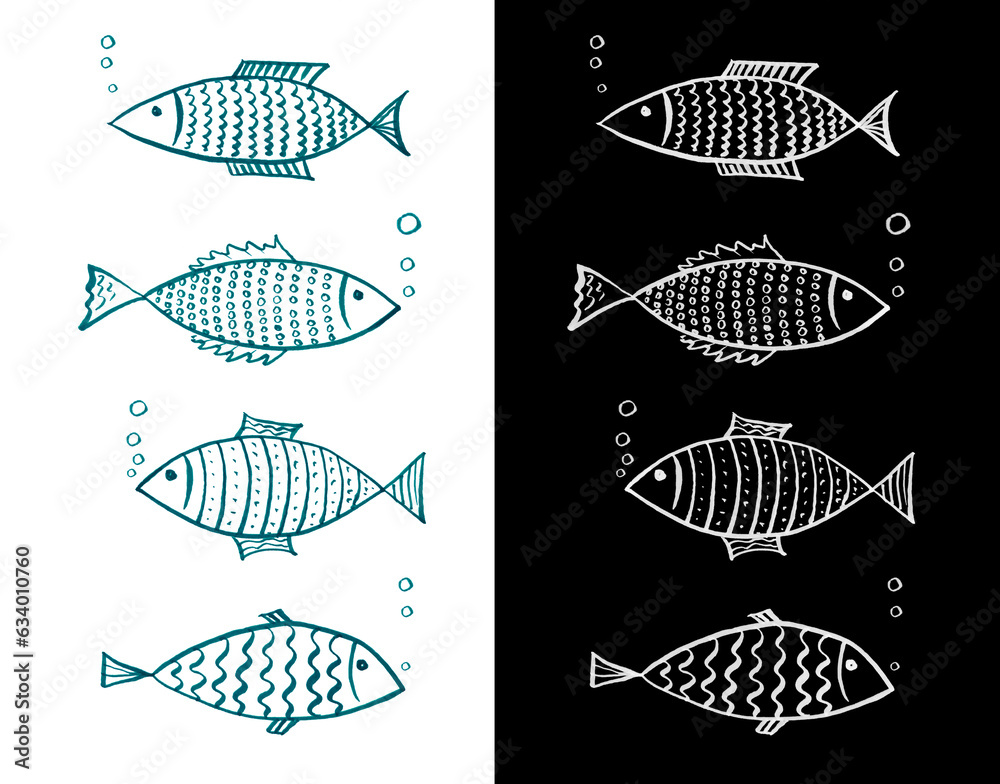 Set of stylized fish isolated on white and black backgrounds,hand drawn ...
