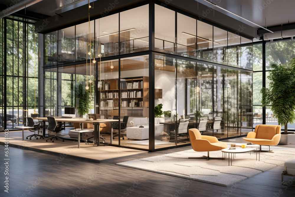 Design a modern startup office with open-concept workspaces, featuring ...