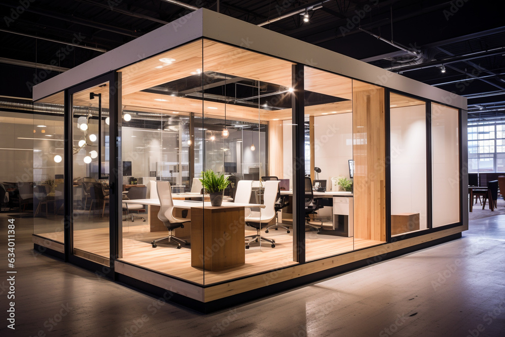 Create a startup office with a focus on flexible spaces, incorporating ...