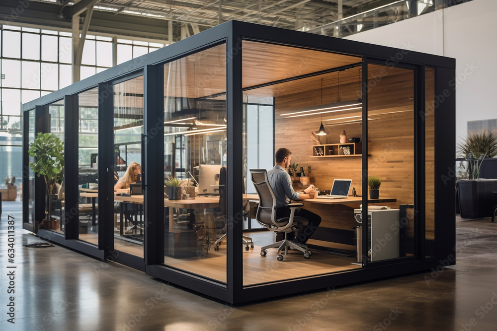Create a startup office with a focus on flexible spaces, incorporating ...