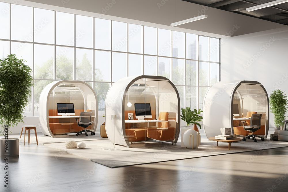 Create a startup office with a focus on flexible spaces, incorporating ...