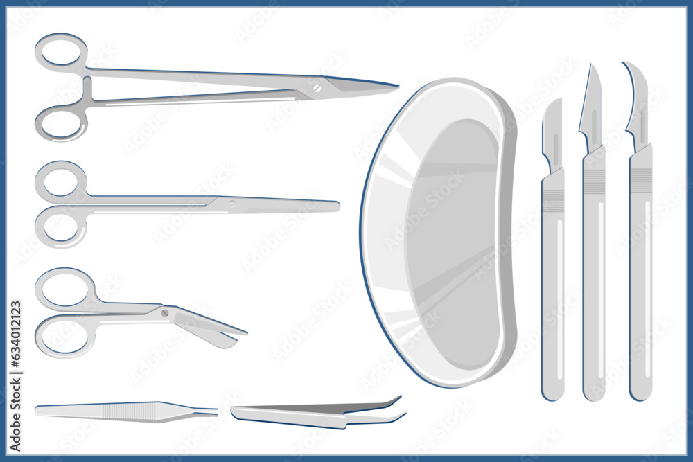 Flat vector illustration. Set of surgical equipment. Surgical scissors ...