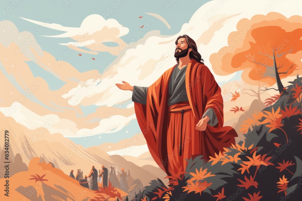 Jesus in a red robe standing on a hill. Digital image. Jesus preaching ...