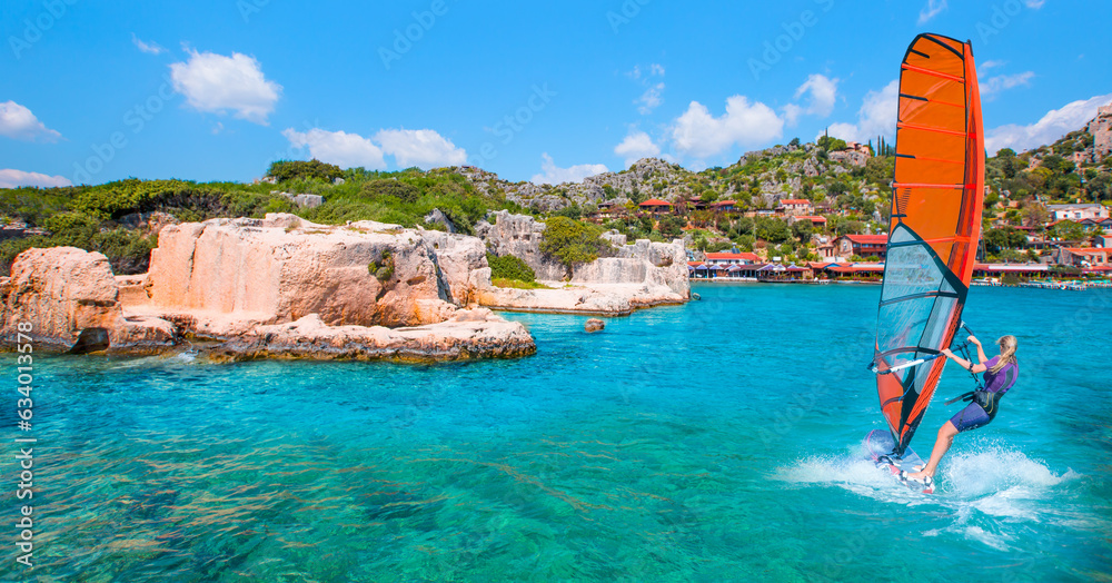 Beautiful blue sky with Windsurfer Surfing Wind On Waves - Sunken ...