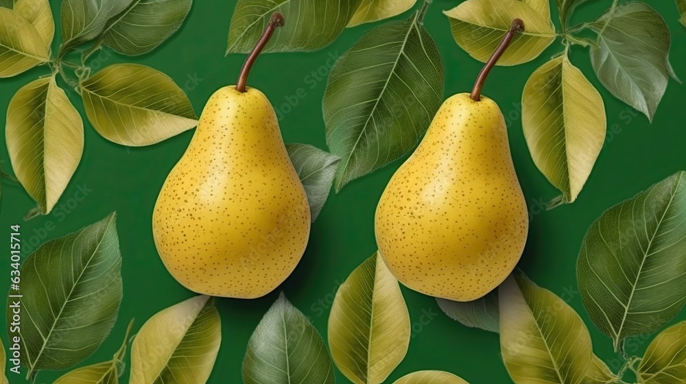 Realistic illustration of a pear tree with leaves. Ripe pear pattern ...