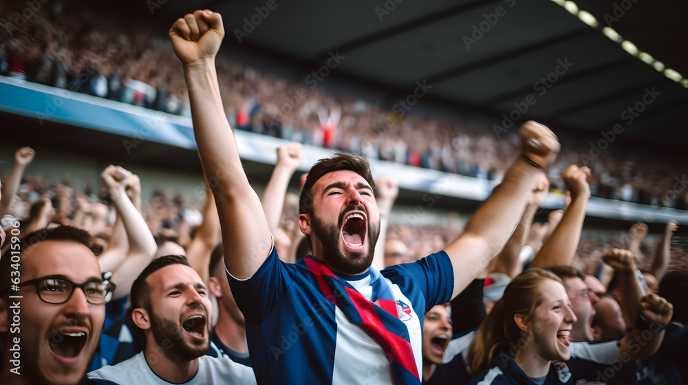 French fan, emotions overwhelm. Supporters cheer in bleacher in French ...