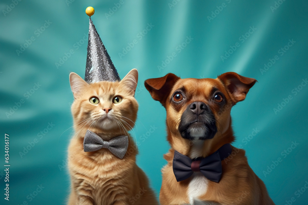 Adorable cat and dog wearing hilarious party clothes, striking a pose ...