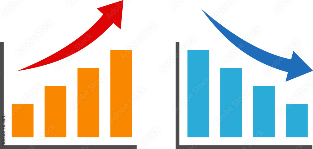 棒グラフと矢印（右肩上がり・右肩下がり）, bar graph, arrow, up, down, Stock Vector | Adobe ...