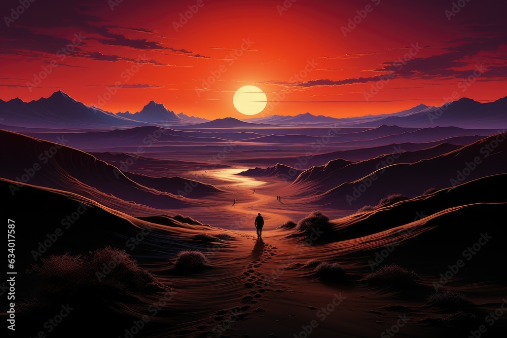 Quest into the Sunset: Traveler's Silhouette Trudging Up a Sand Dune ...