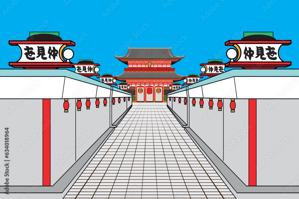 colorful cartoon vector of Asakusa or Senso ji famous temple in Tokyo ...