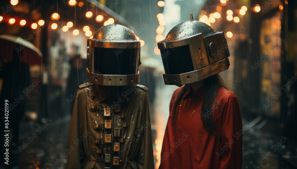 Funny people in iron boxes on their heads, chipping children and ...