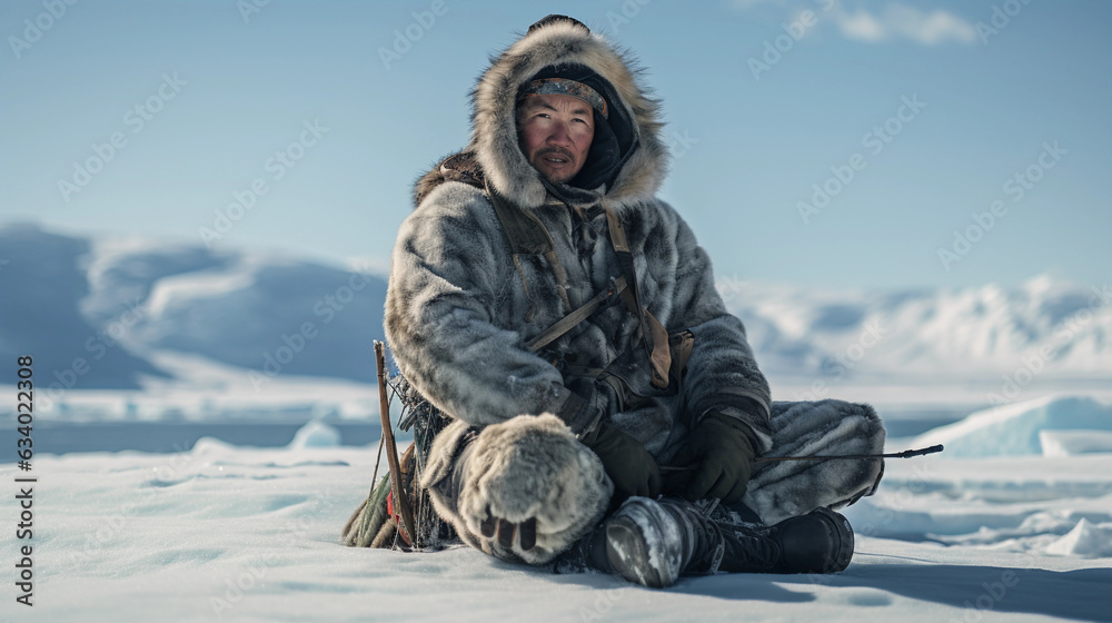 Inuit hunter in traditional clothing, ice fishing, stark Arctic ...