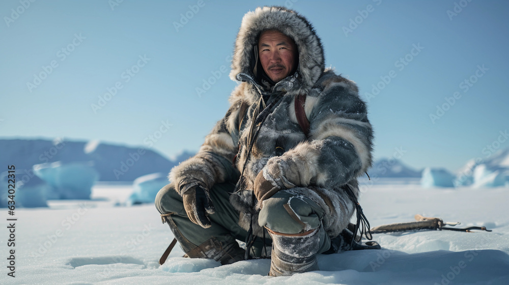 Inuit hunter in traditional clothing, ice fishing, stark Arctic ...