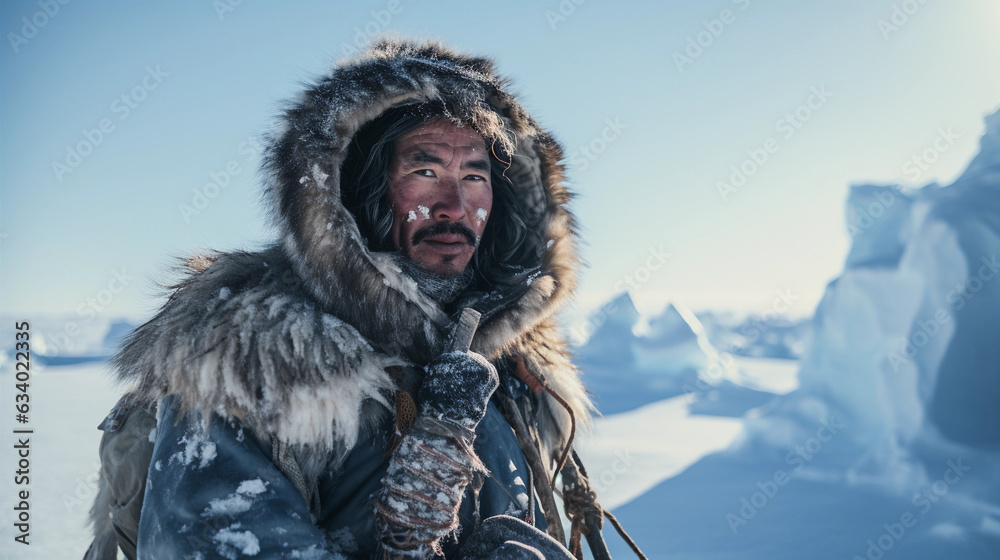 Inuit hunter in traditional clothing, ice fishing, stark Arctic ...