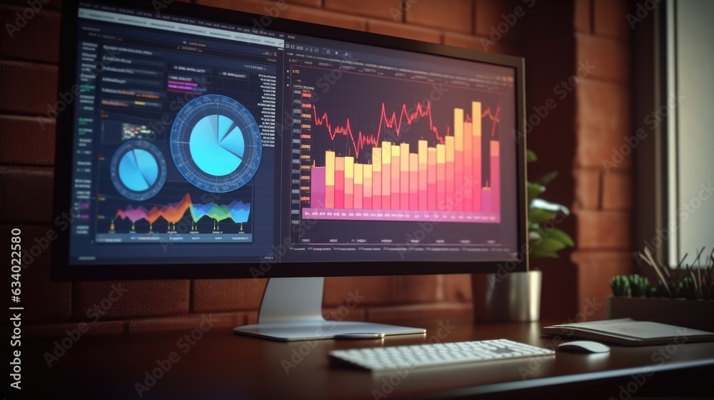 The side view of a computer screen displaying multiple financial ...
