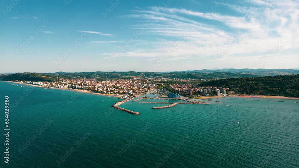super panoramic aerial view outside the port of Pesaro where you can ...