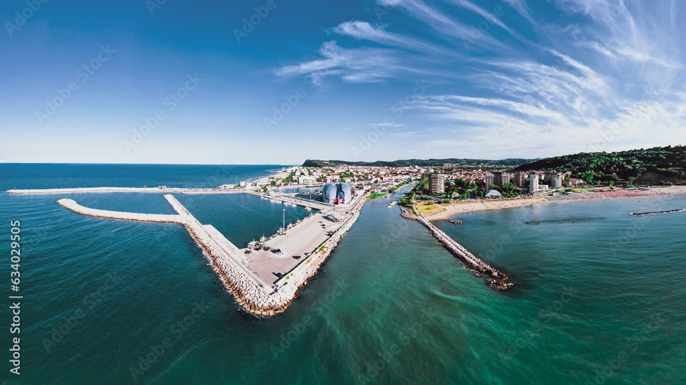 super panoramic aerial view outside the port of Pesaro where you can ...