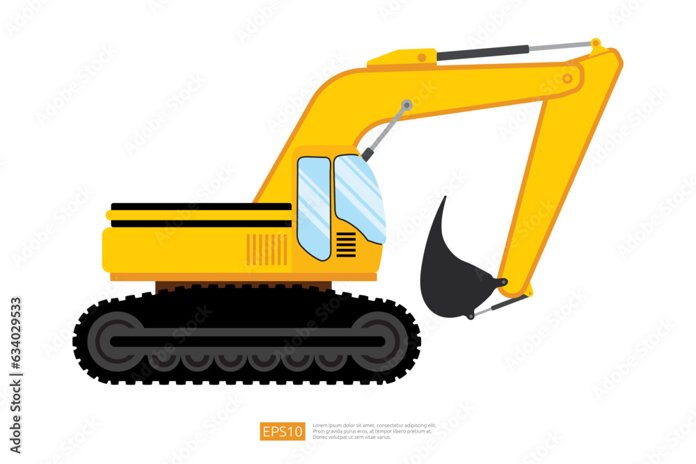 side view yellow excavator with a bucket vector illustration on white ...