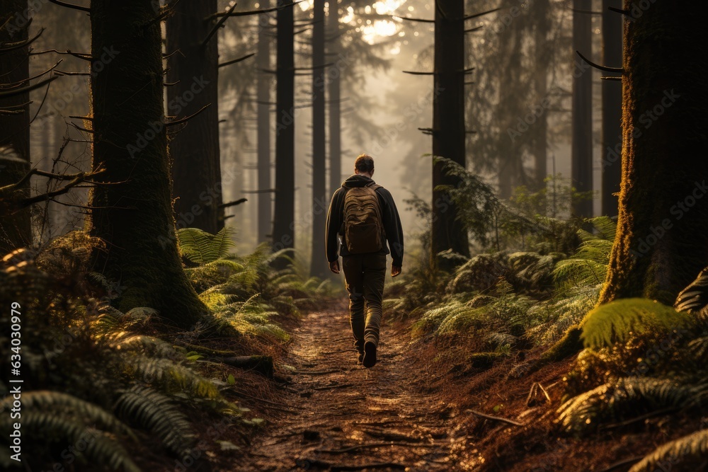 Journeying Amidst Towering Pines: The Tranquil Back View of a Wanderer ...
