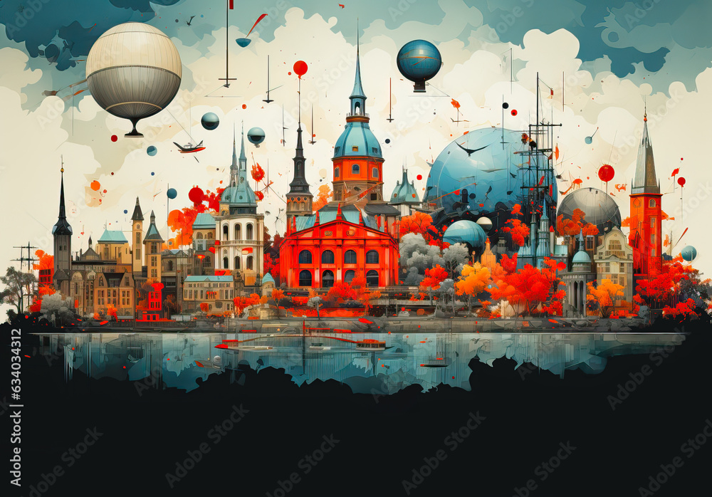 abstract city collage with historic buildings, towers, churches ...