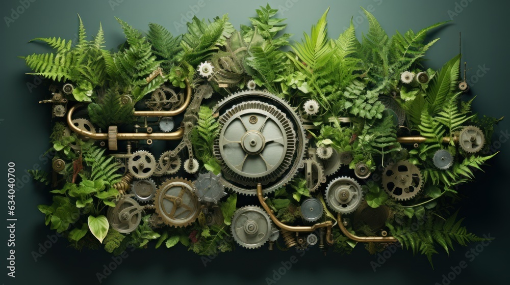 Botanical Machinery: Plants intertwined with mechanical gears ...