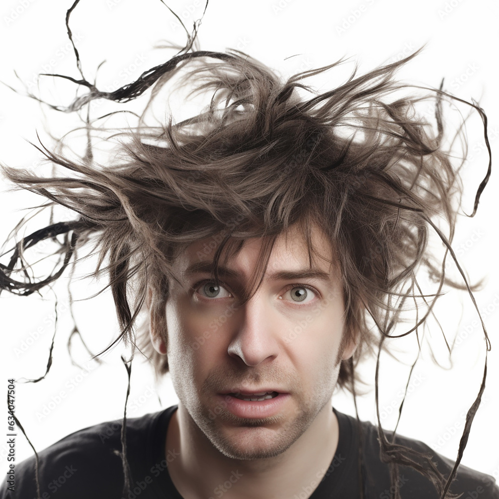 very shaggy man, a young guy with long disheveled uncombed hair, close ...