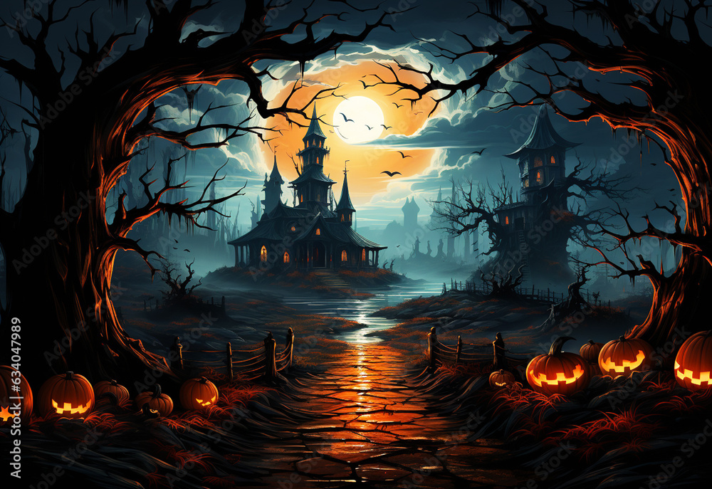 Halloween background with spooky castle in the forest, vector ...