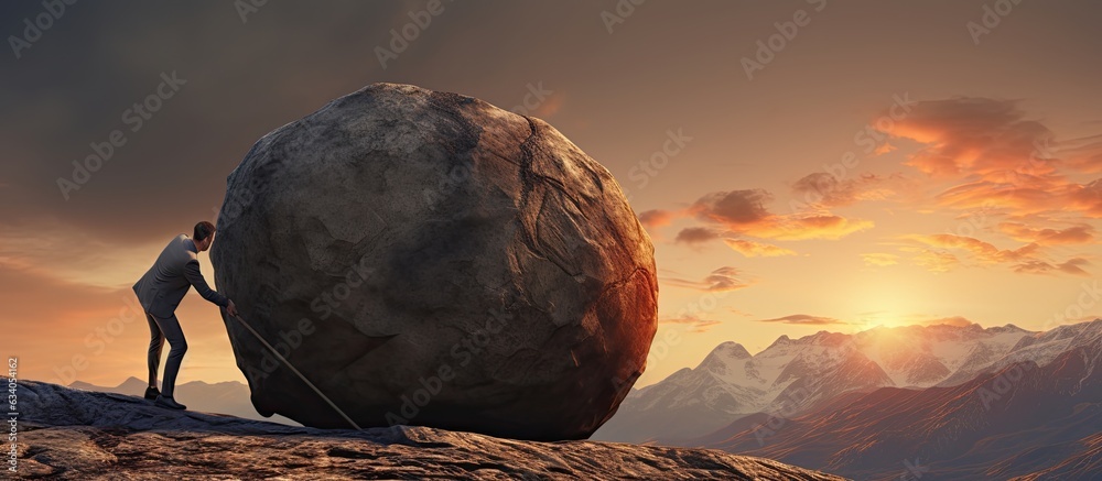 A young businessman pushing a large stone uphill during sunset ...