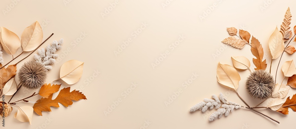 Autumn themed banner with dried leaves and flowers on a beige ...