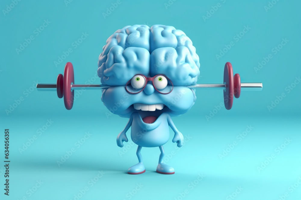 Human brain lifting weights. 3D brain lifting a heavy dumbbell. Mind ...
