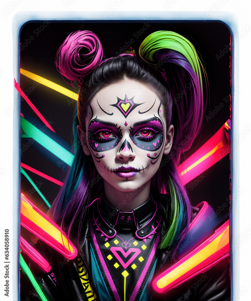 Neon skull makeup. Halloween party, traditional Mexican carnival, Santa ...