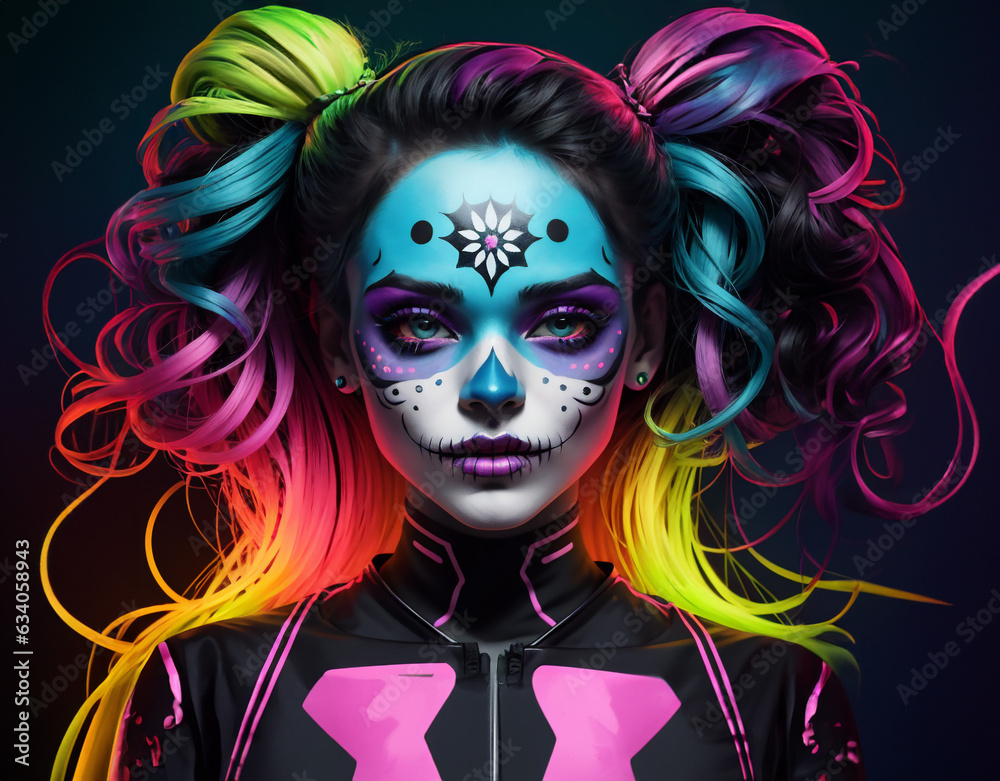 Neon skull makeup. Halloween party, traditional Mexican carnival, Santa ...