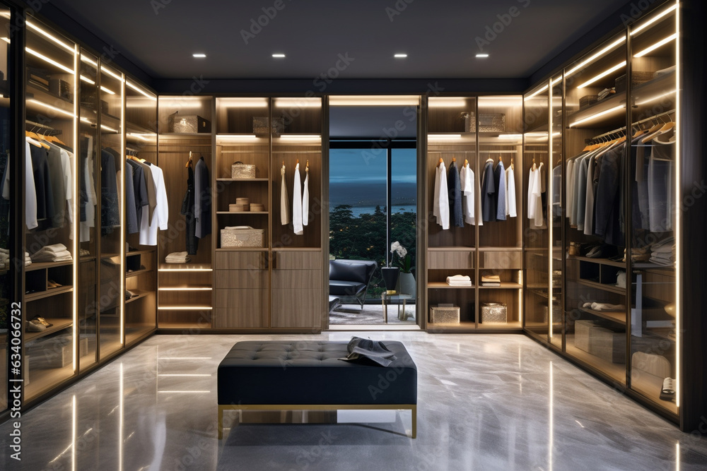 Design a modern dressing area with a walk-in closet featuring glass ...