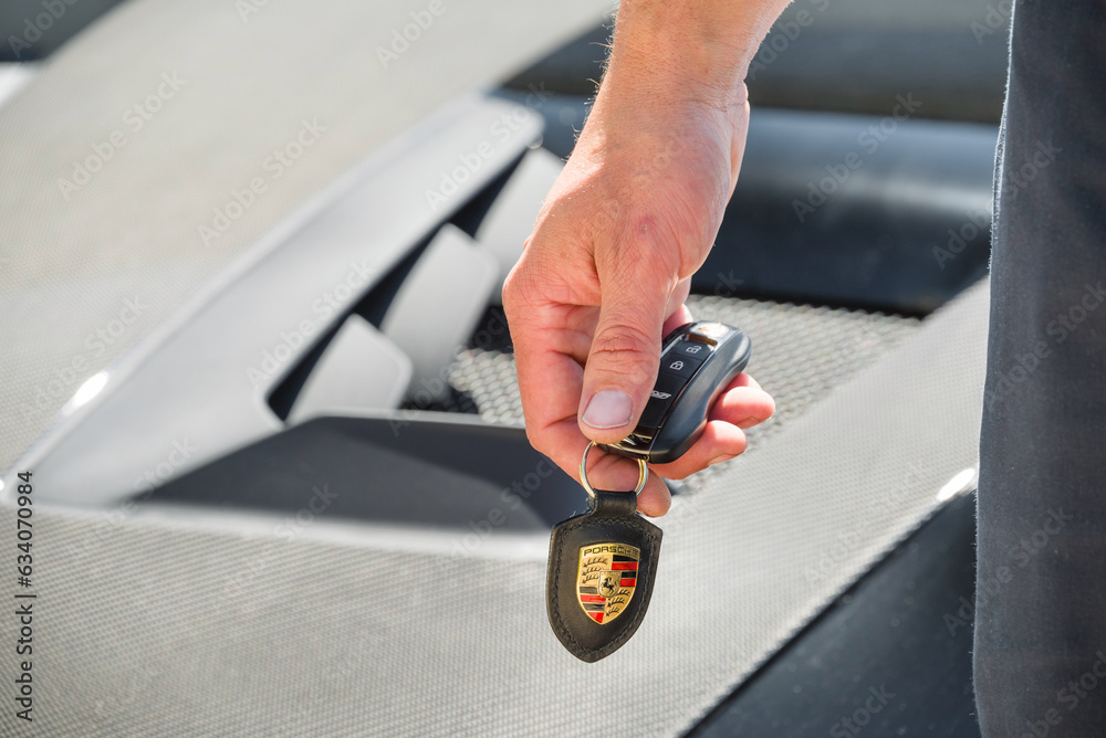 Slovenia, Ljubljana - 27 July 2023: Sports car Porsche GT3 RS key in ...