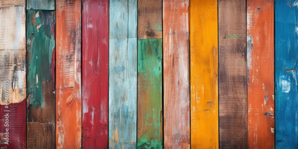 Old weathered reclaimed wood painted various cheerful colours, upcycled ...