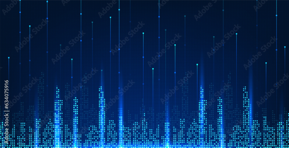Smart city technology in the form of pixels with lines that connect ...