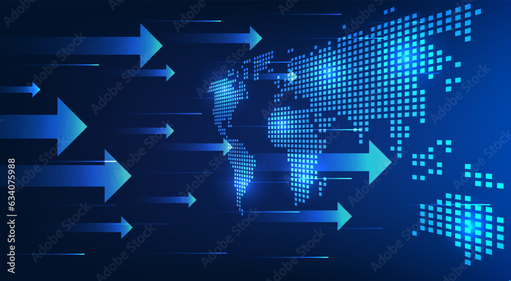 Technology world map with arrows coming towards It conveys the ...