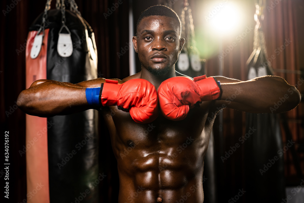Boxing fighter posing, African American Black boxer put his hand or ...